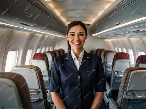Premium Photo A Happy Cabin Crew Flight Attendant In Uniform Stood In