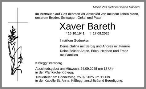 Traueranzeigen Von Xaver Bareth Schwaebischede Trauerportal