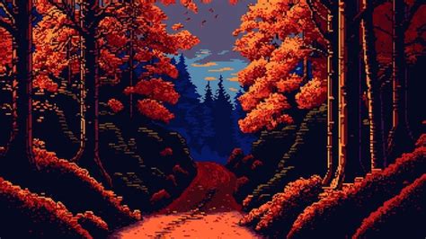 Ai는 8비트 복고풍 픽셀 아트 벡터 배경에서 가을 숲과 도로 풍경을 생성했습니다 도로 만화 8비트 픽셀 풍경에 떨어지는 주황색 잎이 있는 가을 시즌 숲이나 공원 정원