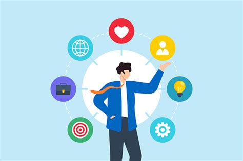 자신감있는 사업가의 평면 그림은 소프트 스킬 네트워킹 문제 해결 성공을위한 창의성 관리의 요소를 둘러싸고 있습니다 개념에 대한 스톡 벡터 아트 및 기타 이미지 Istock