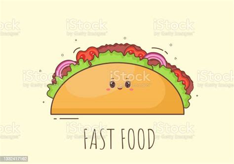 상쾌한 재료와 귀여운 타코 패스트 푸드 배경 벡터 일러스트 플랫 스타일 디자인의 맛있는 이미지 식사 감자 요리에 대한 스톡 벡터