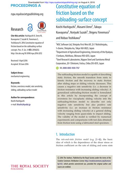 Pdf Constitutive Equation Of Friction Based On The Subloading Surface Concept