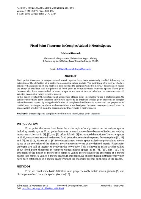 Pdf Fixed Point Theorems In Complex Valued B Metric Spaces