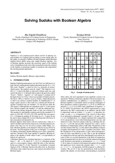 Pdf Solving Sudoku With Boolean Algebra