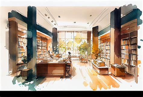 Premium Ai Image There Is A Drawing Of A Library With A Man Sitting