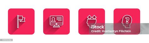 줄 위치 마커 이력서로 모니터링 남자 사용자 및 긴 그림자가 있는 머리 질문을 설정합니다 빨간색 사각형 버튼입니다 벡터 고용과