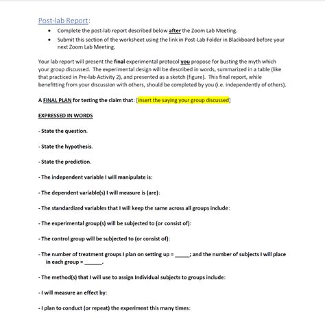 post lab report complete the post lab report