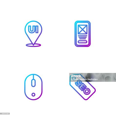 세트 라인 Seo 최적화 컴퓨터 마우스 Ui 또는 Ux 디자인 및 그라데이션 색상 아이콘입니다 벡터 개념에 대한 스톡 벡터 아트