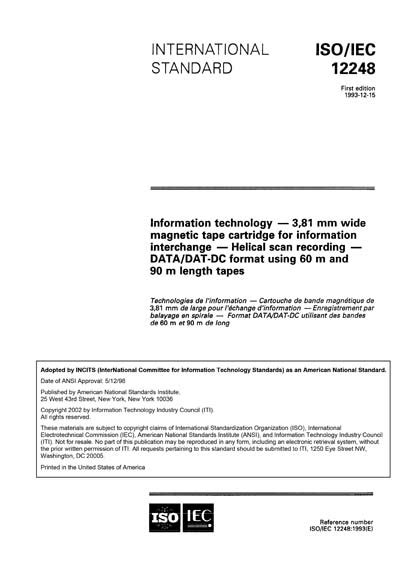 INCITS ISO IEC 12248 1993 R2003 3 81 Mm Wide Magnetic Tape Cartridge For Information