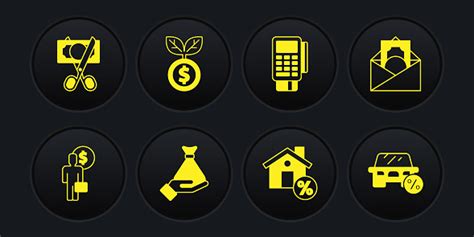 비즈니스 맨 계획 마음 달러 기호 돈 손 하우스 Percant 할인 Pos 터미널 신용 카드 달러 공장 자동차 임대 퍼센트 및 가위 절단 돈 아이콘봉투 벡터 가방에 대한