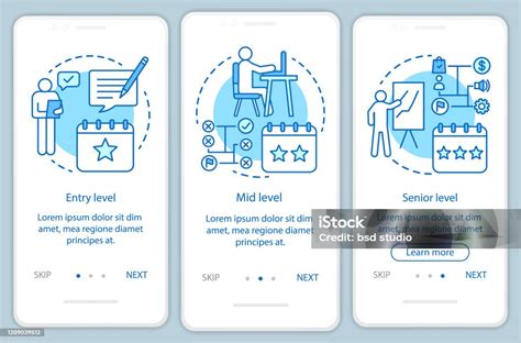 작업 경험 선형 개념과 모바일 앱 페이지 화면 파란색 온보딩 입력 중간 고위 급 연습 단계 그래픽 지침 Ux Ui 그림이 있는 Gui 벡터 템플릿 3에 대한 스톡 벡터 아트