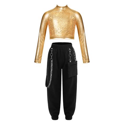 Alvivi Girls 2pcs Sparkle Jazz Hip Hop Dance Outfit Long Sleeve Crop