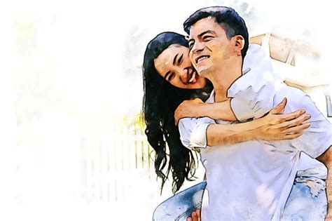 추상적 인 다채로운 행복 젊은 부부는 수채화 그림 배경에 집에서 휴가 주말에 가족 휴식 20 29세에 대한 스톡 사진 및 기타 이미지 20 29세 2명 30 34세