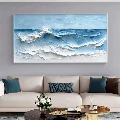 Blue And White Minimalist Ocean And Sky Textured Canvas Art Oc018
