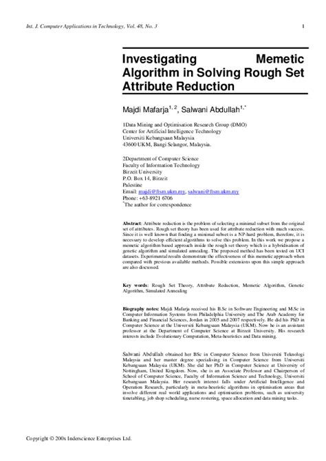 Pdf Investigating Memetic Algorithm In Solving Rough Set Attribute Reduction Majdi Mafarja