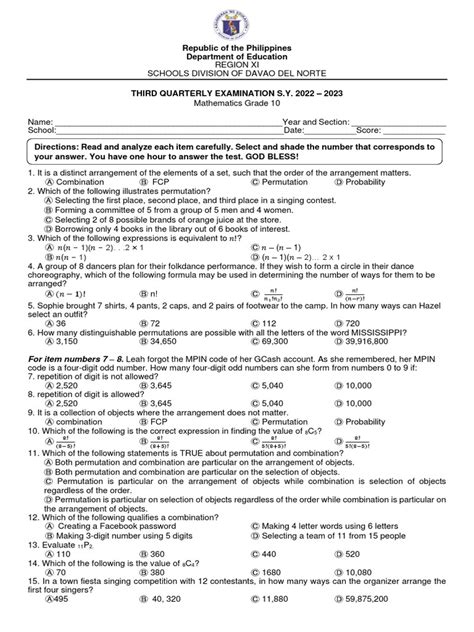 g10 mathematics 3rdquarterexam pdf pdf permutation mathematics