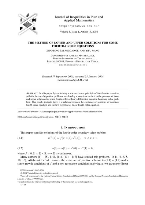 Pdf The Method Of Lower And Upper Solutions For Some Fourth Order Equations