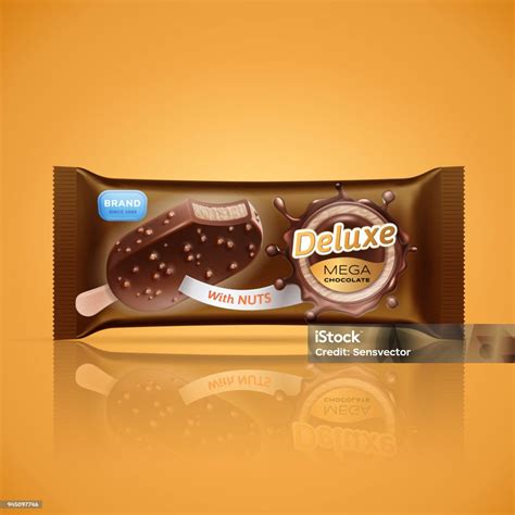 포장 디자인 오렌지 배경에 절연 바 아이스크림 벡터 아이스크림 초콜렛 유약 또는 소스와 바삭한 견과류 골드 라벨 템플릿입니다 초콜릿 원형 스플래시입니다 3d 현실 그림