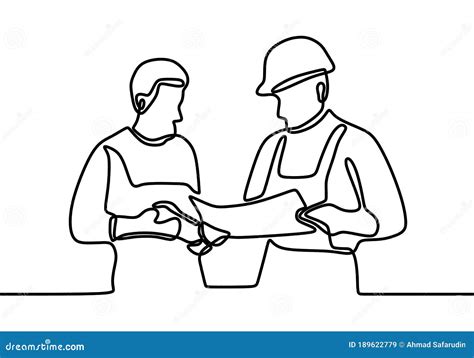 Single Continuous Line Drawing Of Young Architect Discussing Construction Design With Foreman