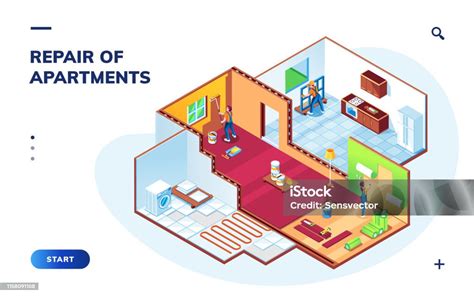 수리 노동자와 아이소 메트릭 아파트 방 유지 보수 또는 홈 리노베이션 스마트 폰 응용 프로그램 또는 응용 프로그램 스마트폰 앱 등측투영법에 대한 스톡 벡터 아트 및 기타