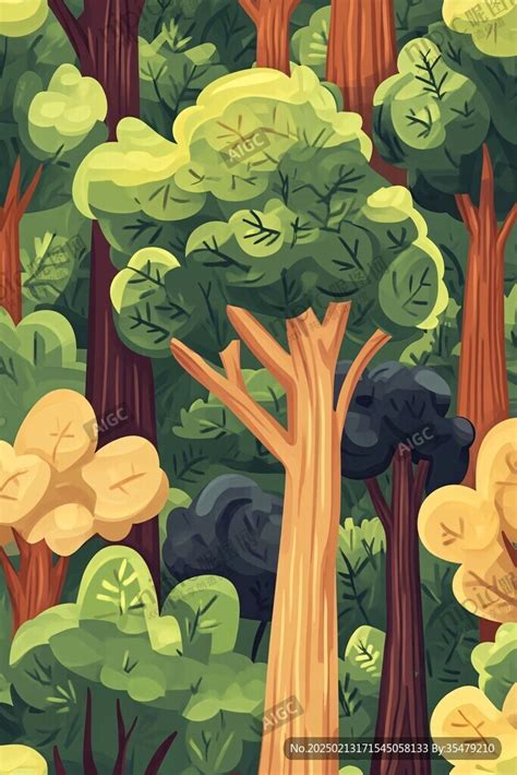 AI创作图扁平化森林 手绘儿插森林 扁平丛林插画 卡通森林背景 春天森林插画 森林背景插画 大树木材木头绿色 卡通树干素材 树系列插画 森林长