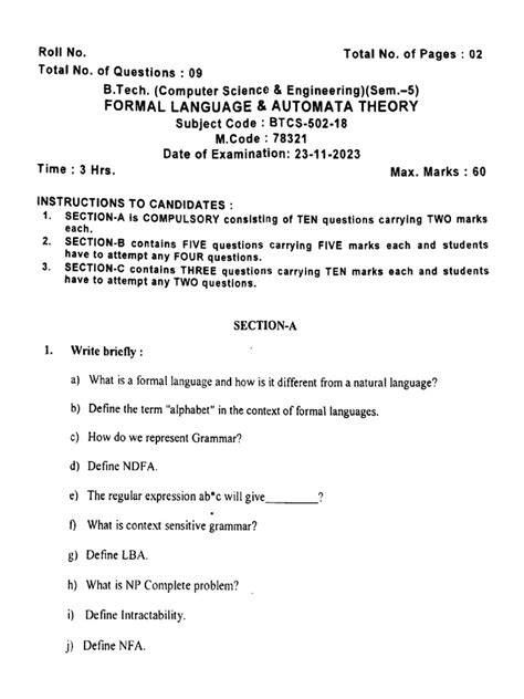 Btech Cse 5 Sem Formal Language And Automata Theory 78321 Nov 2023 Pdf