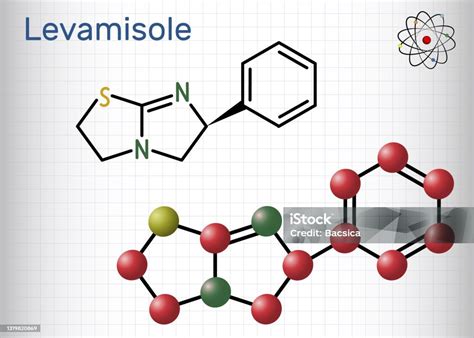 레바미솔 분자 기생 바이러스 세균 감염의 치료를위한 항 헬머인틱 약물입니다 구조적 화학 적 포뮬러 및 분자 모델 케이지에 종이 시트 0명에 대한 스톡 벡터 아트 및 기타