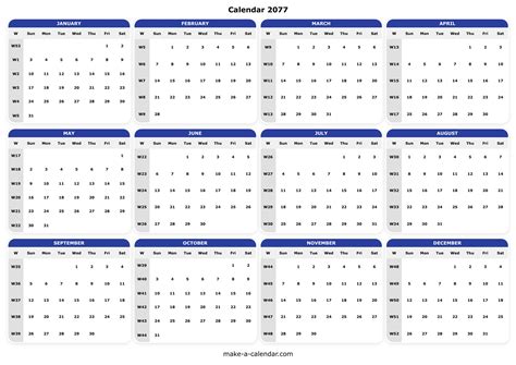 2077 Yearly Calendar — Print Pdf With Holidays And Week Numbers