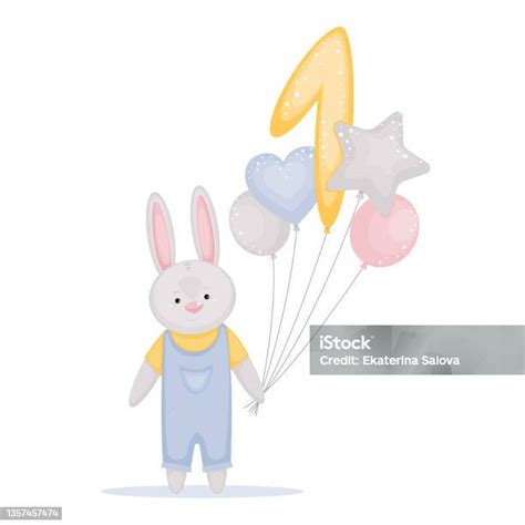 귀여운 작은 토끼 풍선 숫자 하나 벡터 일러스트 생일 아이 인사말 카드 배너 또는 포스터 1에 대한 스톡 벡터 아트 및 기타 이미지 Istock