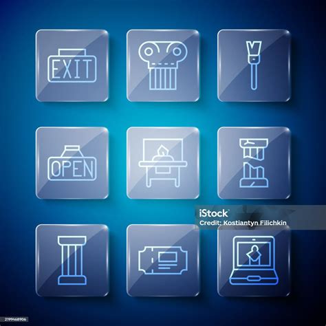 세트 라인 고대 기둥 박물관 티켓 온라인 박물관 페인트 브러시 전시회 유리 쇼케이스 개방 출구 및 깨진 고대 아이콘이있는 교수형 기호 벡터 가구에 대한 스톡 벡터 아트 및