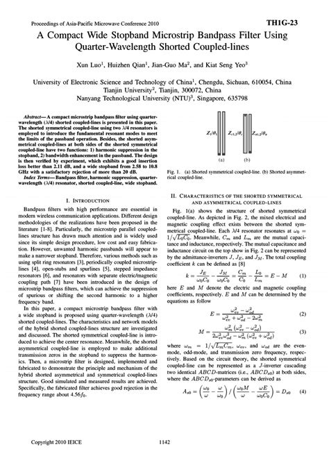 Pdf A Compact Wide Stopband Microstrip Bandpass Filter Using Quarter Wavelength Shorted