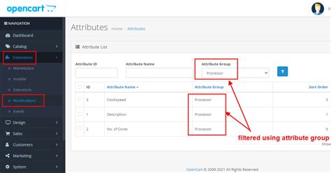 opencart admin attributes list filter