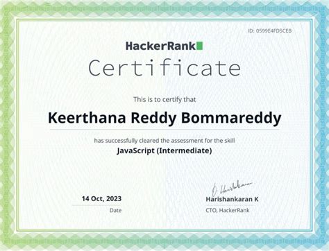 Earned Hackerrank Javascript Intermediate Certificate