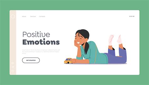 어린이 놀이 긍정적 인 감정 방문 페이지 템플릿 손에 자동차 장난감을 가진 어린 소녀 바닥에 누워있는 아이 차에 대한 스톡 벡터