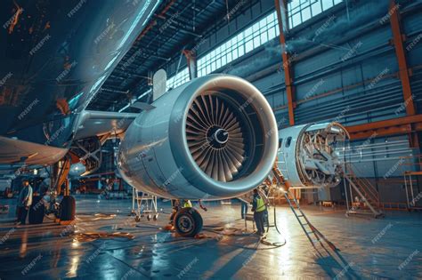 Premium Photo Wide Shot Of Engineers Assembling The Turbine Engine On