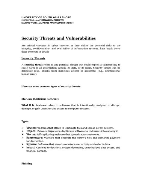 Database Security Threats Lecture Notes Fall 2024 Pdf Security Computer Security