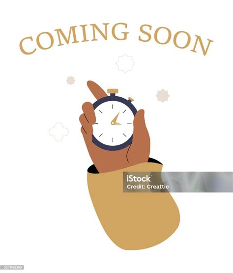 손 들고 스톱워치 곧 오는 텍스트 플랫 벡터 일러스트 레이 션 상징 마감 시간 카운트 다운 그리고 다가오는 이벤트 흰색 배경에 고립 기대에 대한 스톡 벡터 아트 및 기타