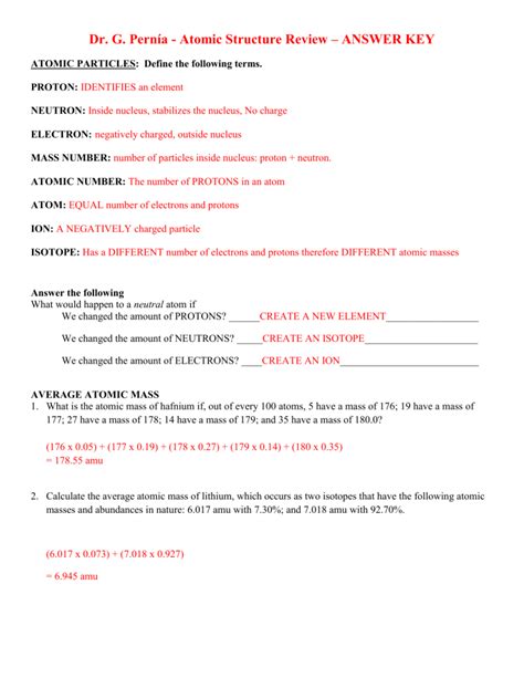 Atomic Structure Review Worksheet Answer Key