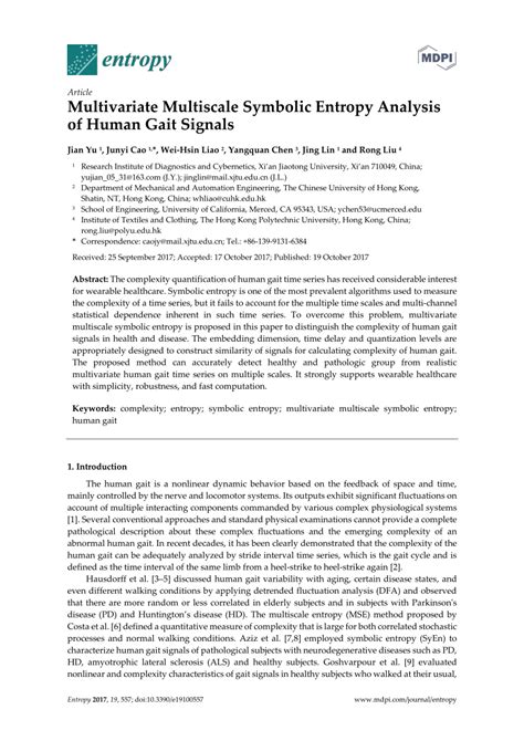 Pdf Multivariate Multiscale Symbolic Entropy Analysis Of Human Gait