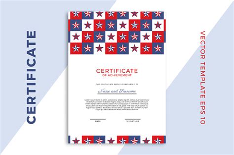 졸업 또는 과정 완료를위한 수직 비즈니스 디플로마 모형 별 기하학적 패턴으로 감사 증서 템플릿의 애국적인 디자인 벡터 배경 Eps 10 초대장에 대한 스톡 벡터 아트 및