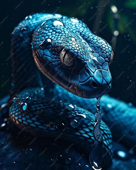 Una Serpiente Azul Con Gotas De Agua En La Cabeza Foto Premium