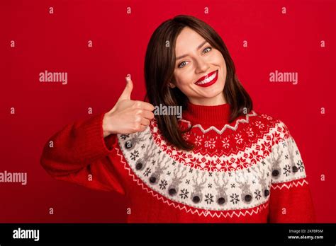 Portrait Of Toothy Beaming Funny Woman With Bob Hairdo Dressed Red