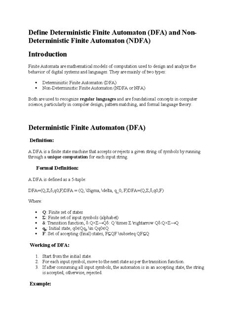 Dfa And Ndfa Overview Definitions And Examples Studocu