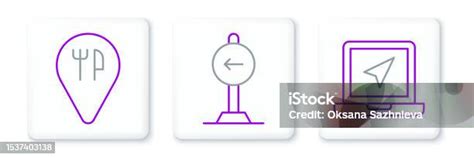 위치 마커 카페 및 레스토랑 교통 표지판이 있는 라인 노트북을 좌회전 아이콘으로 설정합니다 벡터 거리에 대한 스톡 벡터 아트 및 기타 이미지 Istock