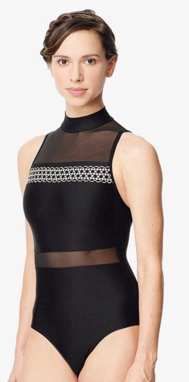 Lulli Blackblack Lia Women Embroidered Mesh Mock Neck Leotard Luf589