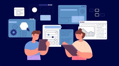 태블릿을 가진 괴짜 아이들 어린이 프로그래밍 현대 소년과 소녀 코딩 젊은 학생들을 위한 웹 또는 앱 개발 유치한 교육 벡터 장면 개념에 대한 스톡 벡터 아트 및 기타 이미지