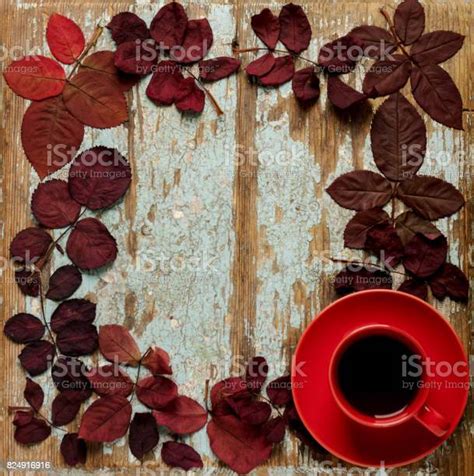커피 한잔과 함께 푸른 나무 바탕에 진홍색 단풍의 심장의 형태로 평평 하다 프레임 10월에 대한 스톡 사진 및 기타 이미지 10월 11월 9월 Istock