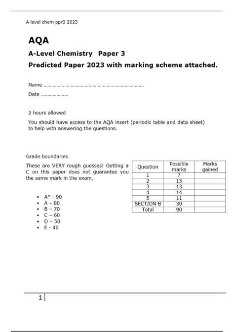 A Level Chemistry Paper 3 Predicted Paper 2023 With Marking Scheme