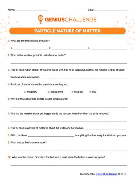 Fillable Online Particle Model Of Matterworksheet For Grades 3 5 A One Page Worksheet Called