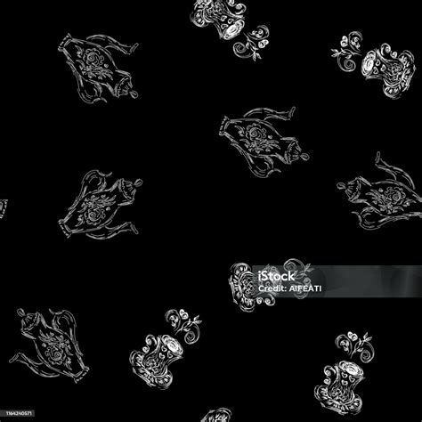 검은 색 배경에 고립 된 찻주전자와 찻잔의 원활한 패턴 섬유 디자인에 대한 주전자와 찻잔 컬렉션의 중국어 원활한 패턴 벡터 개요